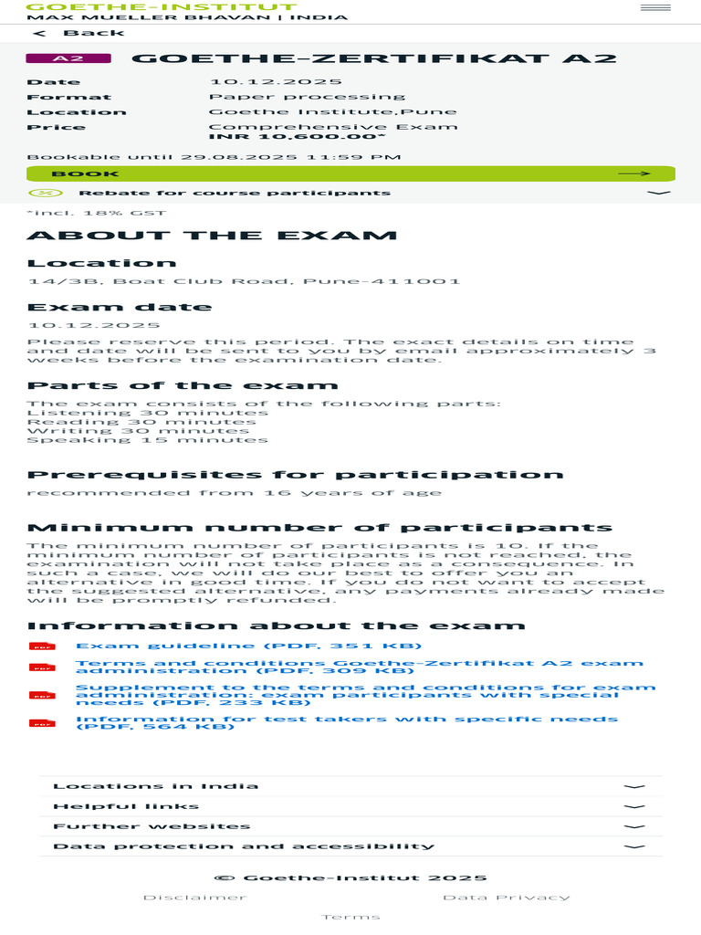 Goethe-Zertifikat A2 Exam Details Pune | PDF
