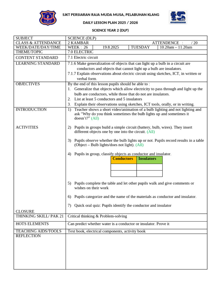 RPH Science DLP Year 2 Week 26 | PDF | Insulator (Electricity ...