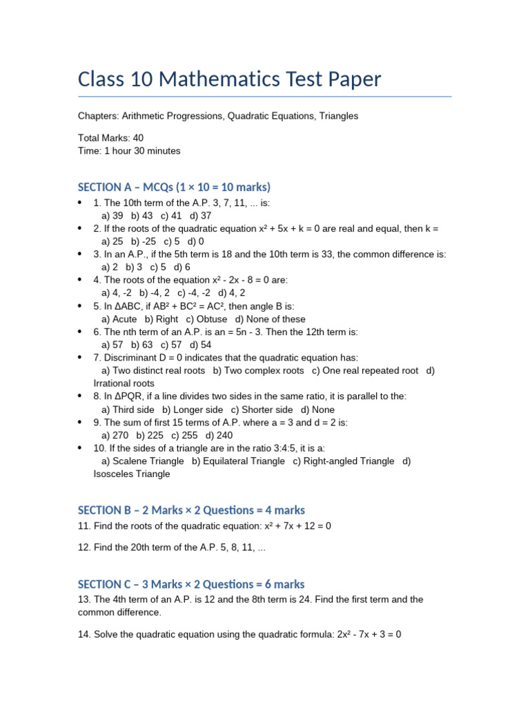 Class 10 Math Test: A.P., Quadratics, Triangles | PDF | Triangle ...