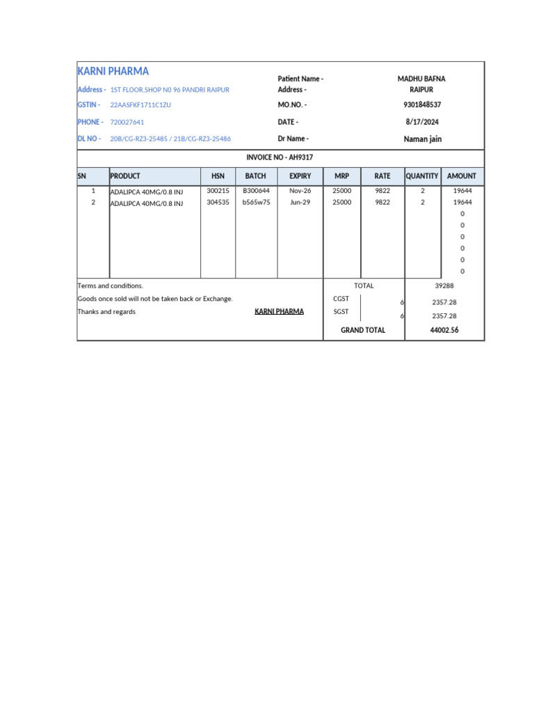 Karni Pharma Invoice | PDF