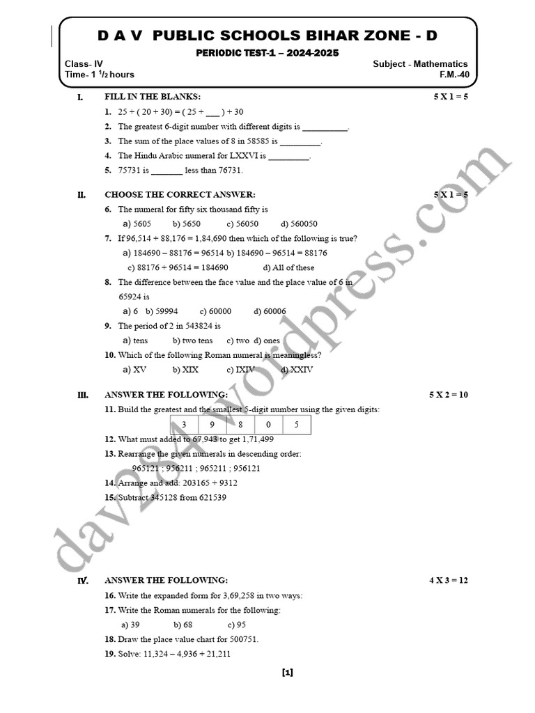 DAV Class 4 Maths Periodic Test 1 | PDF | Numbers | Chess Theory