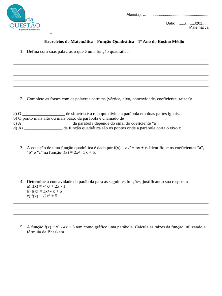 Exercícios de Matemática - Funções Quadraticas Ricardo | PDF | Equação ...