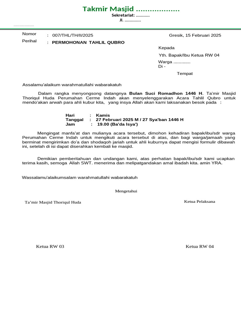023 Permohonan Tahlil Qubro RW4 | PDF