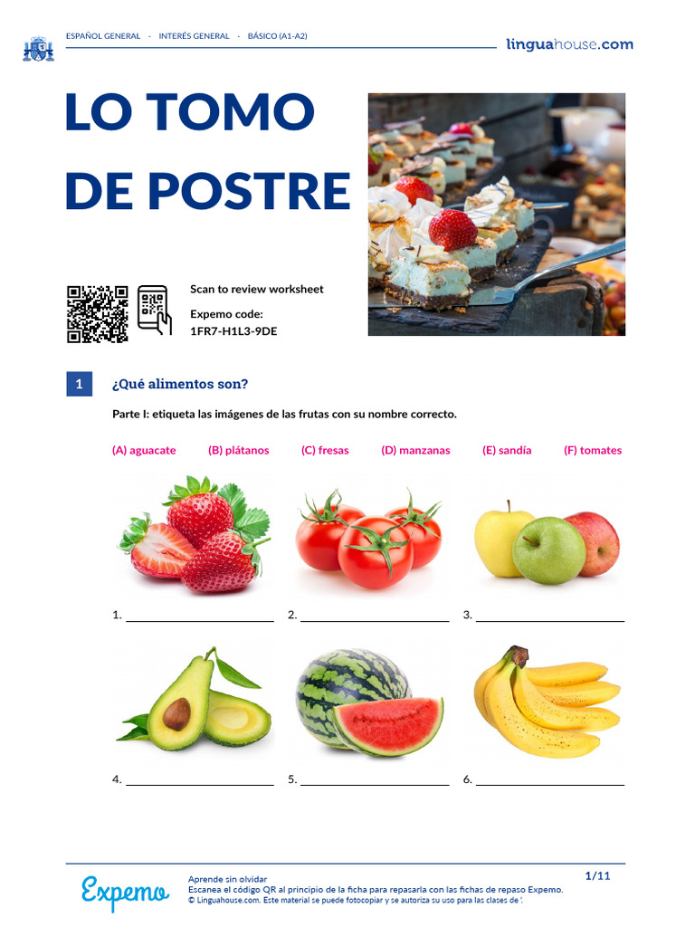 Lo Tomo de Postre Castellano Spanish Teacher A1 A2 | PDF | Postres | Verbo
