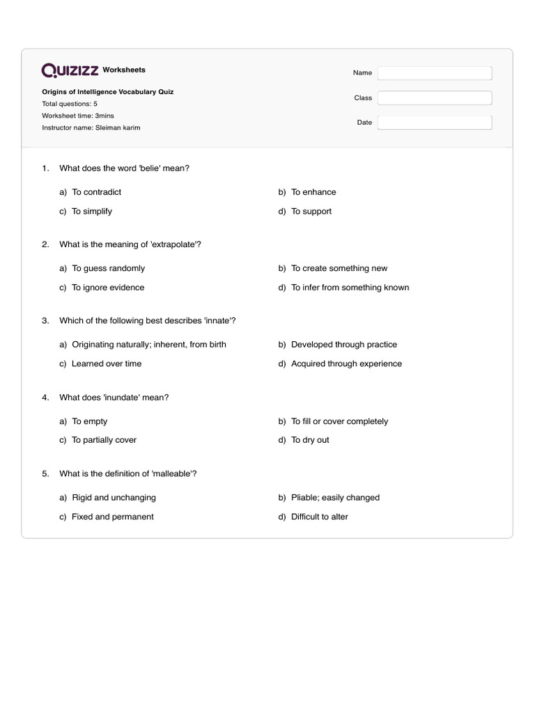 Intelligence Vocabulary Quiz Worksheet | PDF