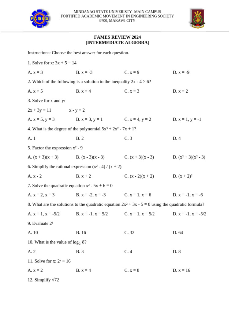 FAMES Review 2024: Intermediate Algebra | PDF | Mathematical Objects ...