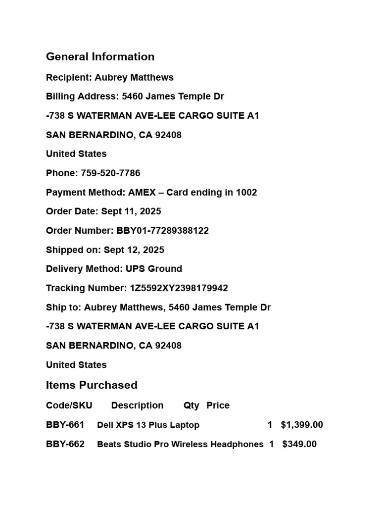 Best Buy Order Summary for Aubrey Matthews | PDF