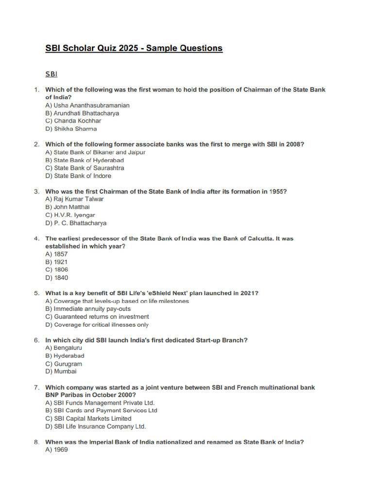 SBI Scholar Quiz 2025 - Sample Questions | PDF