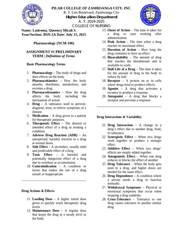 Pharmacology Terms and Definitions Guide | PDF | Health Sciences ...
