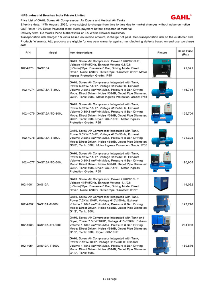 GAHL Air Compressors Price List 2025 | PDF | Screw | Pascal (Unit)