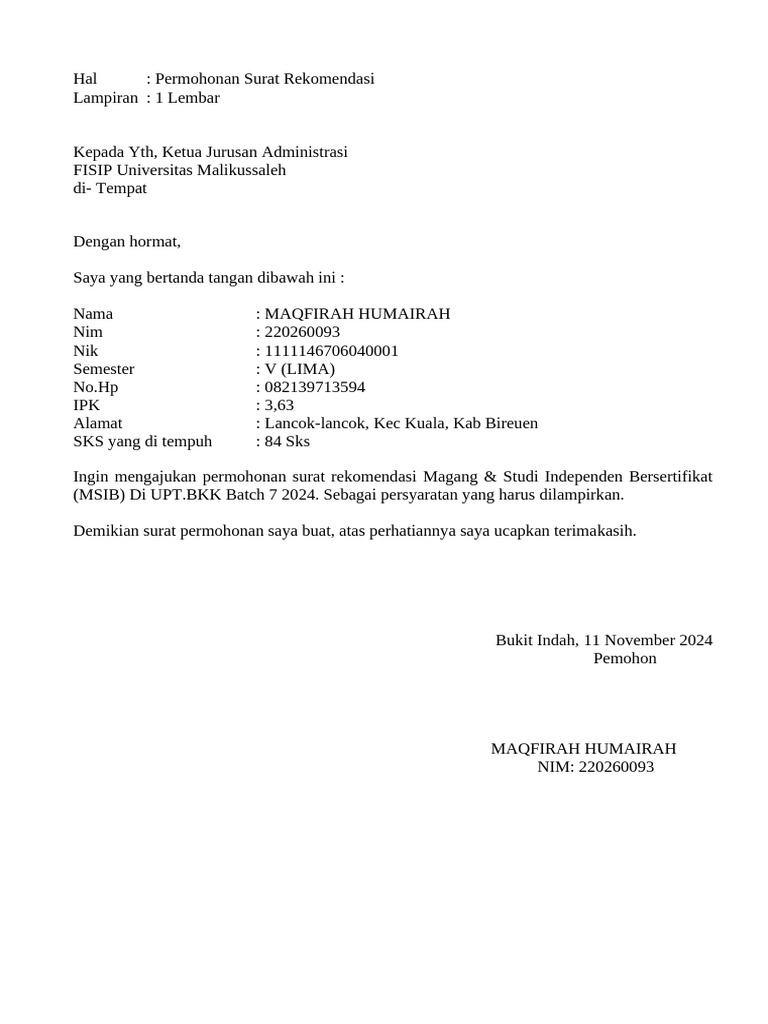 Surat Permohonan Rekomendasi Maqfirah Humaira | PDF