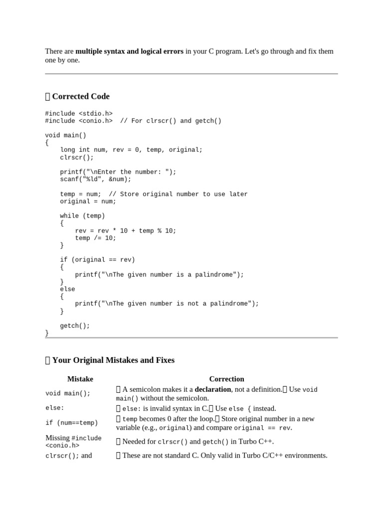 There Are Multiple Syntax and Logical Errors in Your C Program | PDF