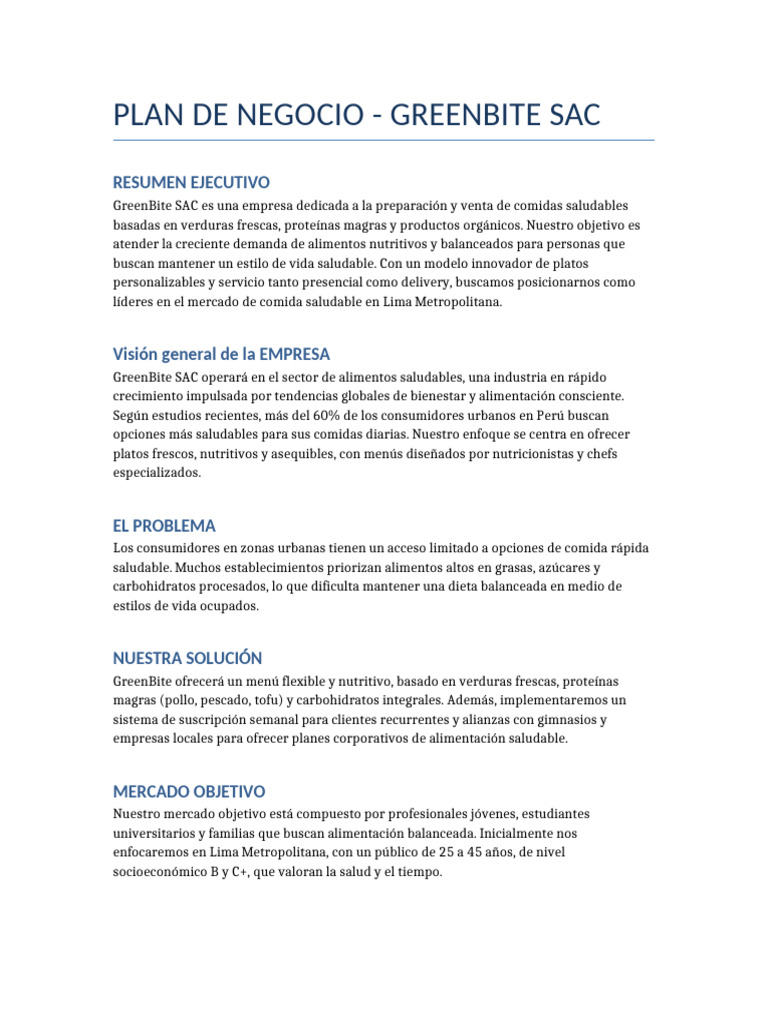 Plan de Negocio para GreenBite SAC | PDF | Alimentos | Nutrición