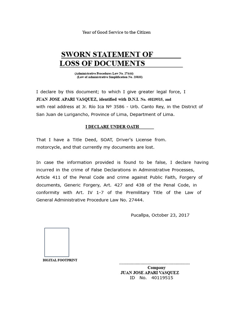Sworn Statement of Lost Documents | PDF