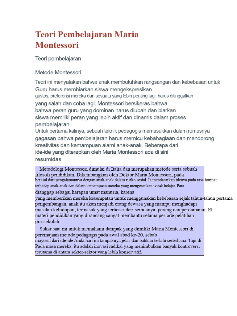 Teori Pembelajaran Maria Montessori | PDF