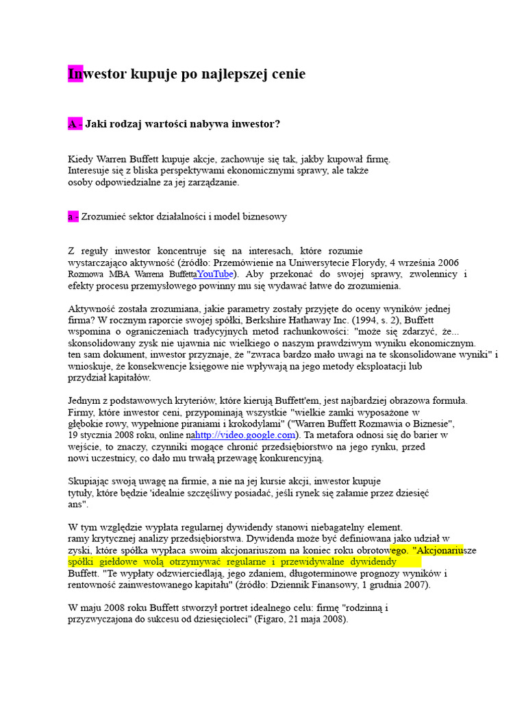 Warren Buffett - Zasady Inwestowania | PDF