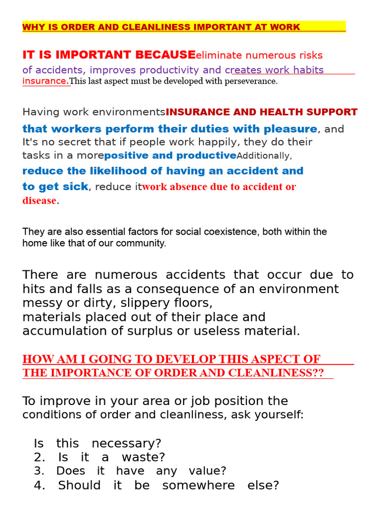 Importance of Order and Cleanliness at Work | PDF | Risk | Safety