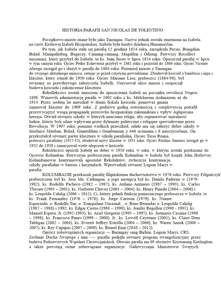 Historia Parafii San Nicolas de Tolentino | PDF