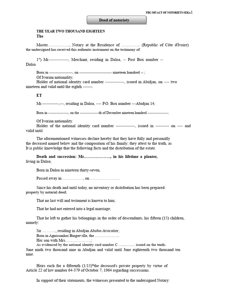 Deed of Notoriety for Estate Succession | PDF | Legal Documents | Justice
