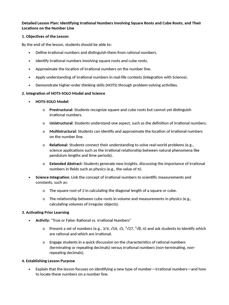 Irrational Numbers Lesson Plan | PDF | Numbers | Square Root