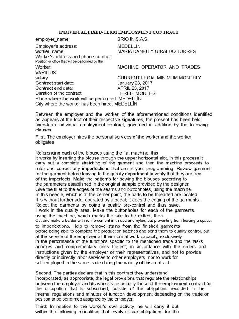 Fixed Work Contract For Machine Operator Maria Danelly Giraldo Torres ...