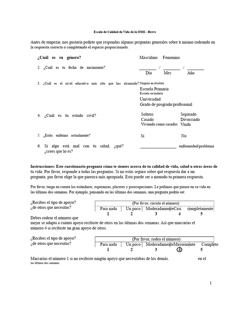 Escala Breve de Calidad de Vida OMS | PDF | Cuestionario | Calidad de vida