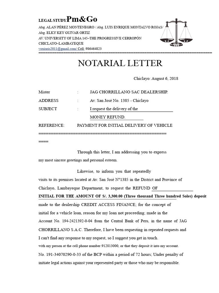 NOTARIAL LETTER - REFUND OF MONEY.docx | PDF