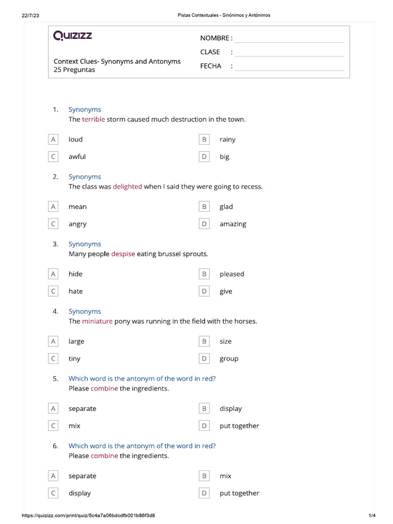 Pistas de Contexto - Sinónimos y Antónimos 1 | PDF