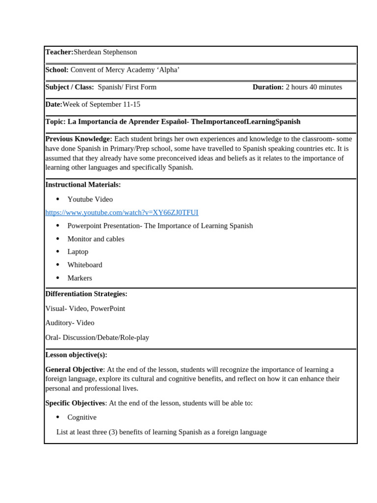 Importance of Learning Spanish Lesson Plan | PDF | Foreign Language ...