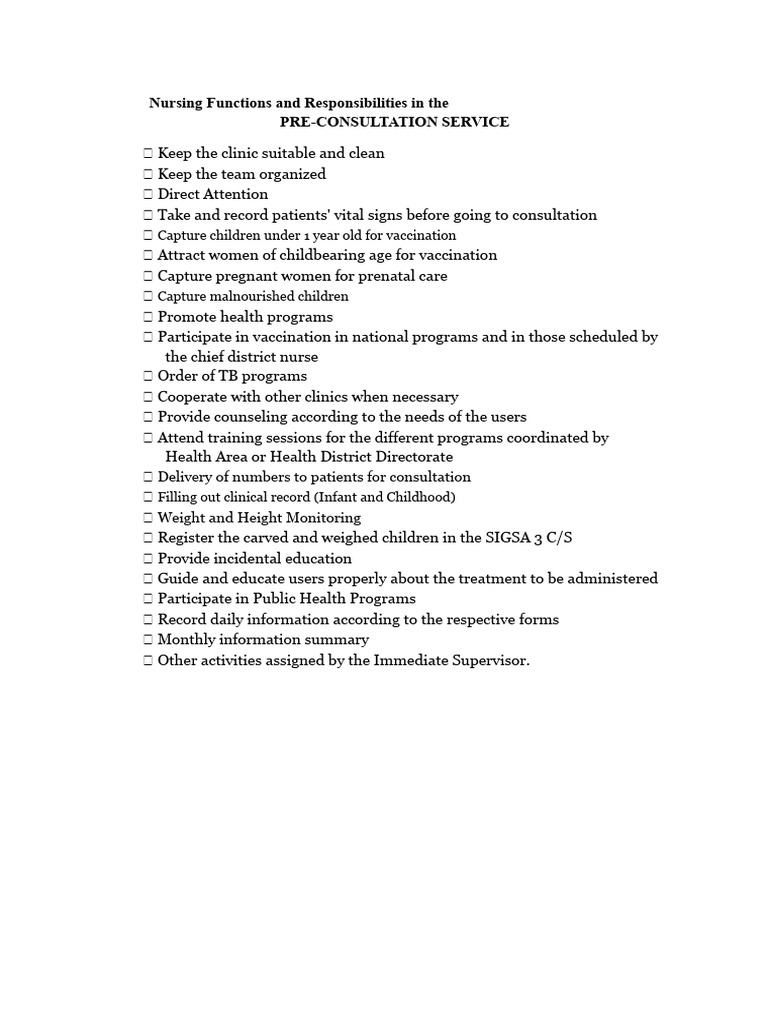Nursing Functions in Pre and Post Consultation | PDF