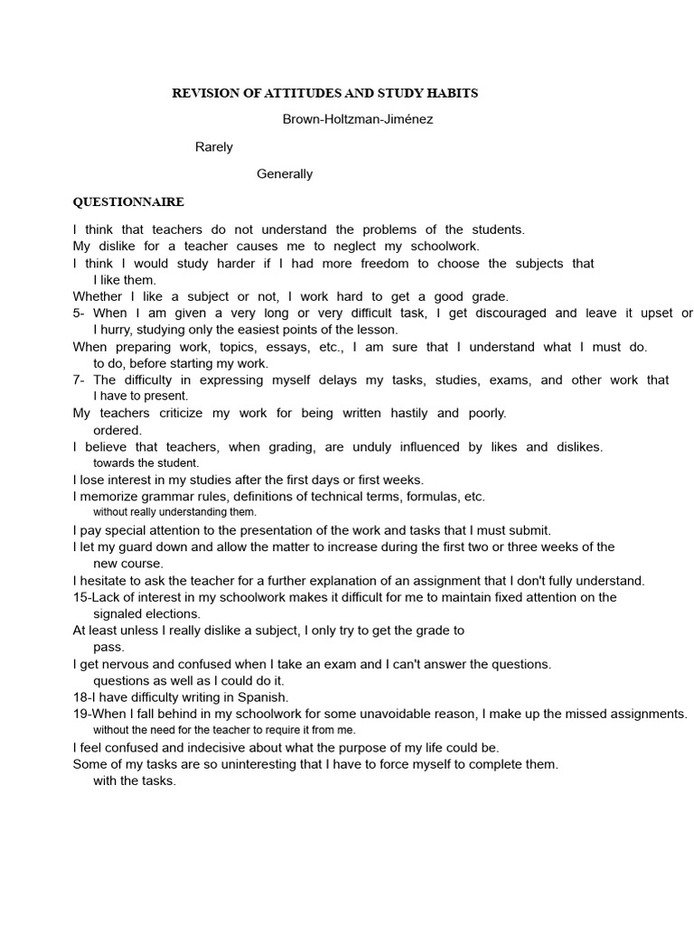 Study Habits Test Questionnaire (1) | PDF | Teachers | Psychology