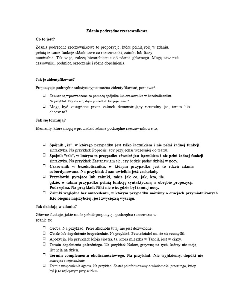 Zdania Podrzędne Rzeczownikowe | PDF