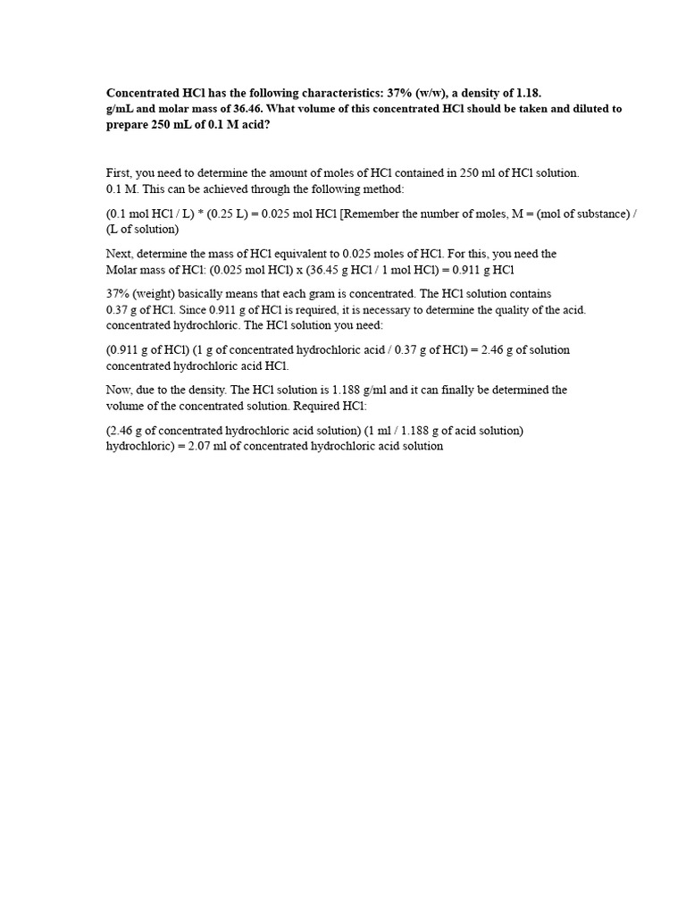 Diluting 37% HCl to 0.1 M Solution | PDF