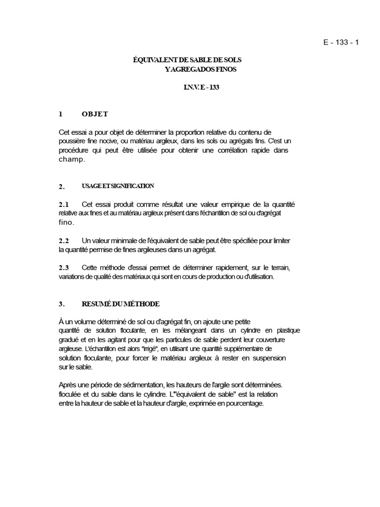 Équivalent de Sable de Sols Y Agregados Finos I.N.V. E - 133 | PDF