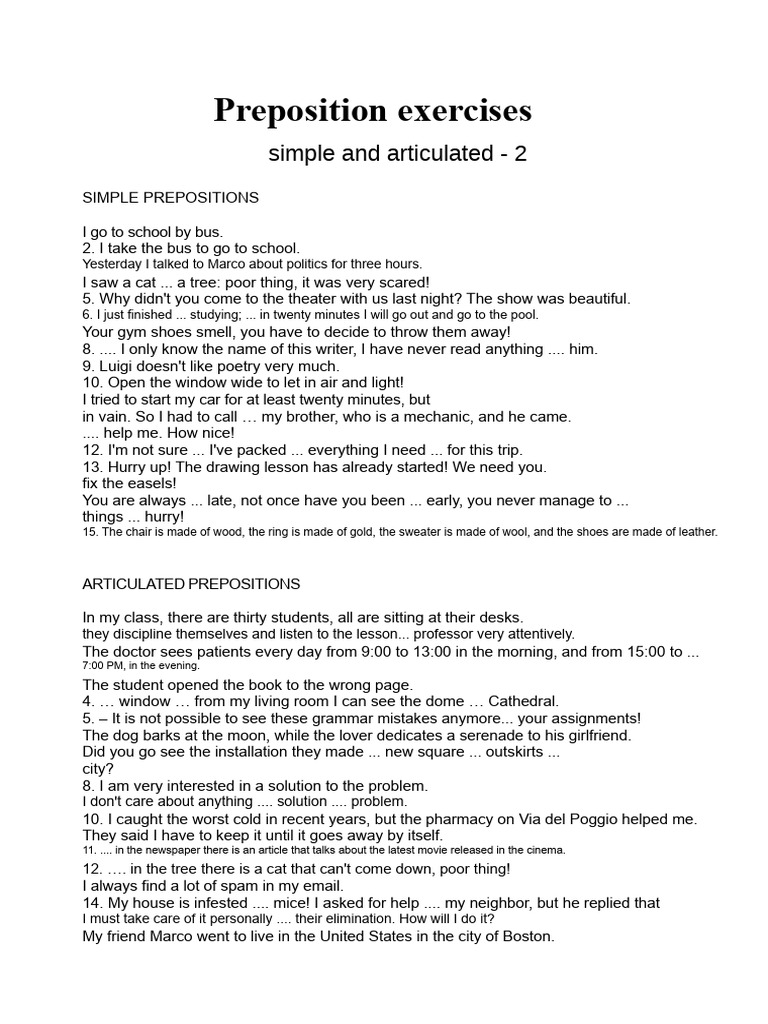 Preposition Exercises for Beginners | PDF