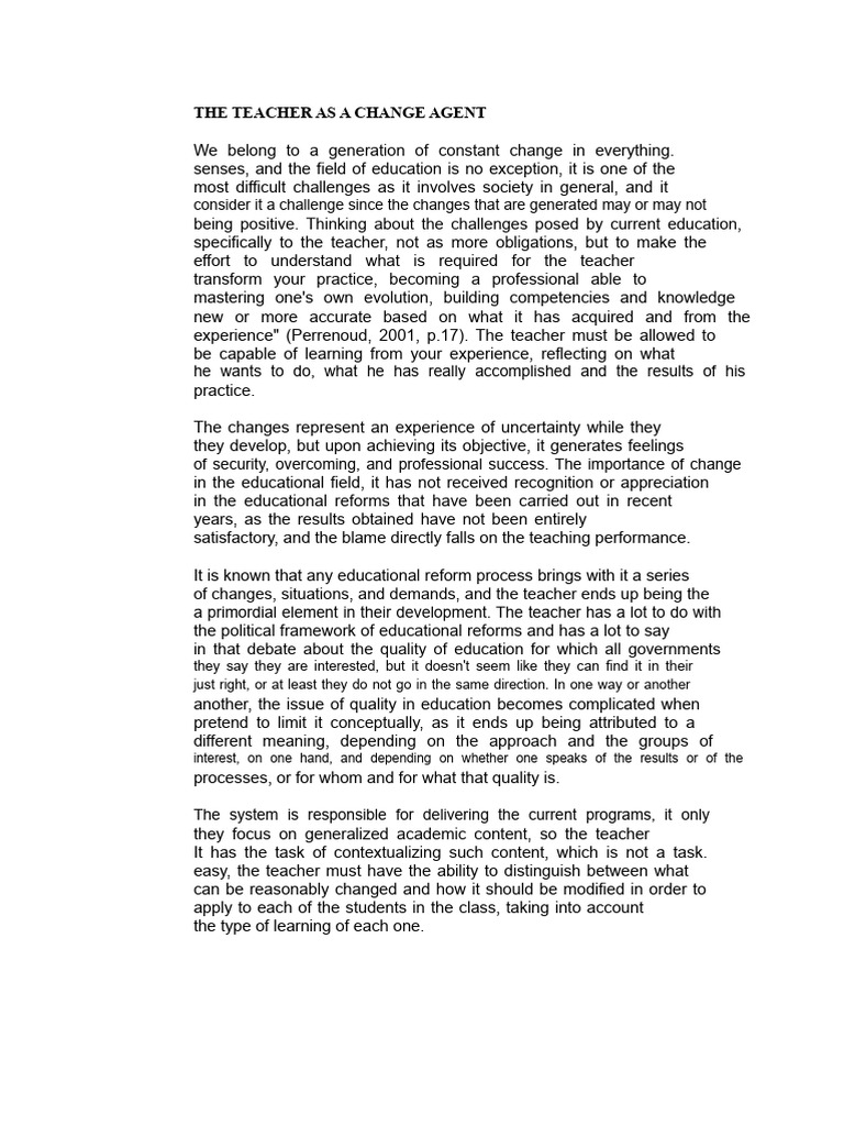 Teacher's Role in Educational Change | PDF | Teachers | Learning