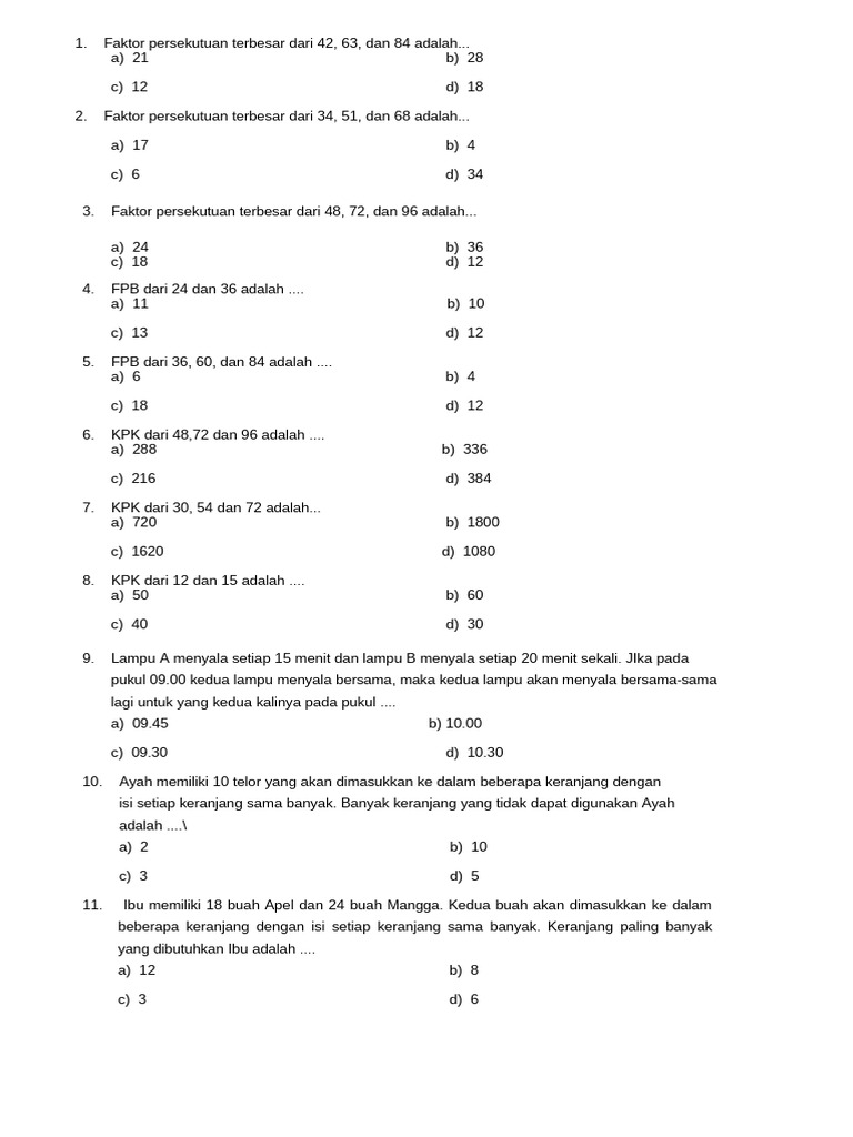 Soal KPK & FPB Kelas 6 SD | PDF