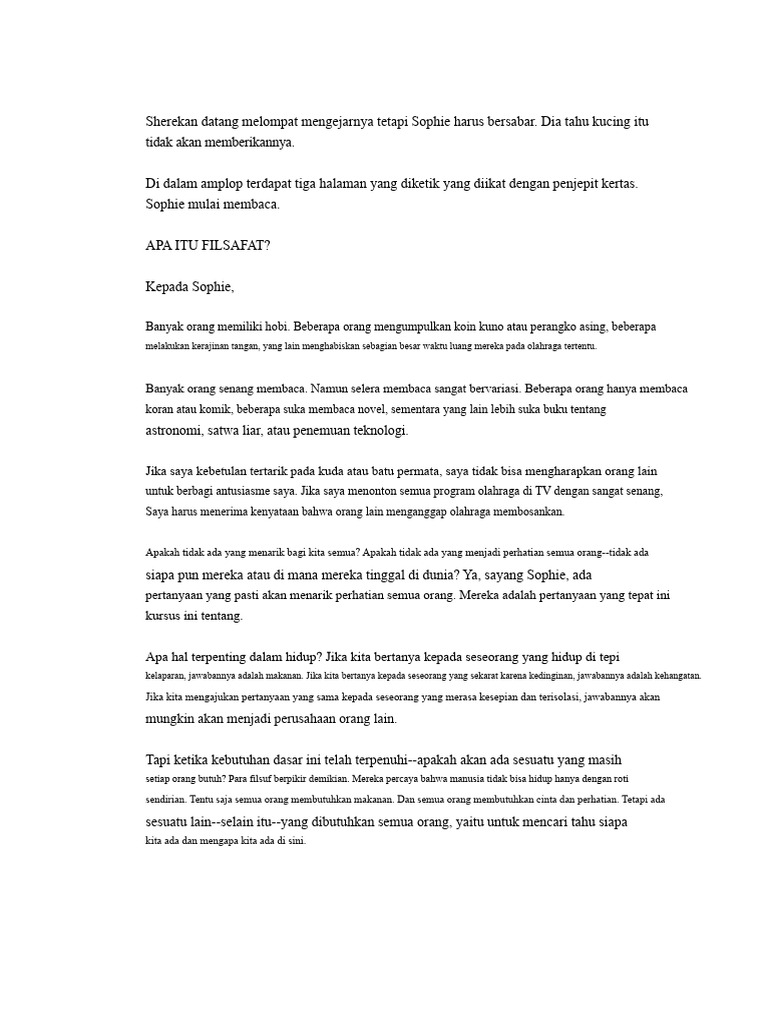 Dunia Sophie - Jostein Gaarder (1996, Berkley) apa itu filosofi kutipan | PDF