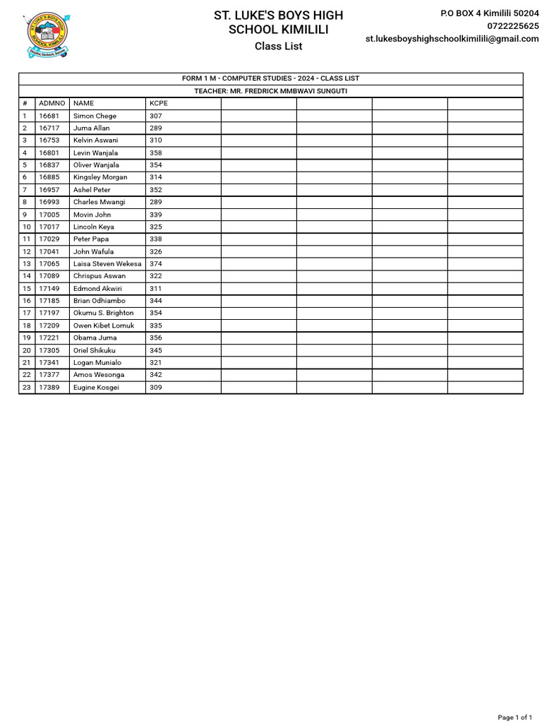 Form 1 M - Computer Studies - 2024 - Class List | PDF