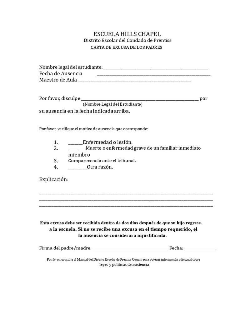 Carta de Excusa Escolar para Ausencias | PDF