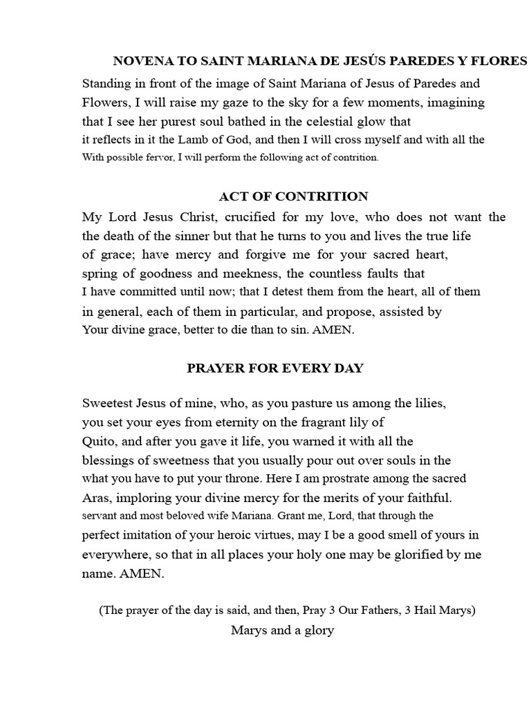 Novena Prayer to Saint Mariana de Jesús | PDF | Penance | Saint