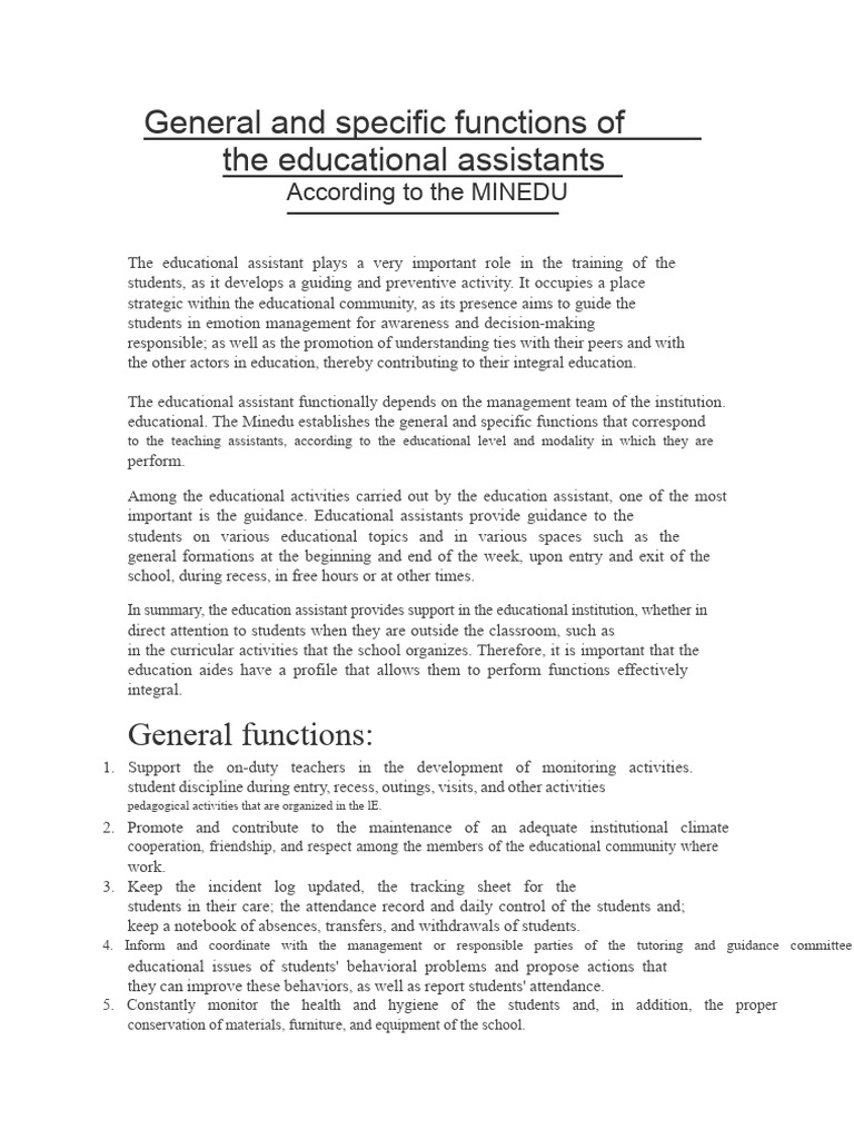 General and Specific Functions of Educational Assistants - MINEDU | PDF ...