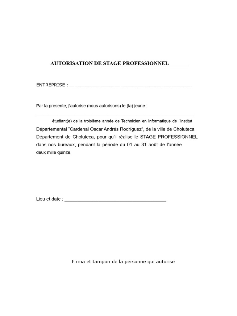 Autorisation de Stage Professionnel Coar | PDF