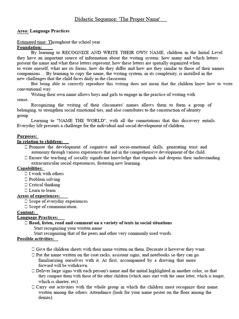 Didactic Sequence: Proper Noun (Language Practices for Early Childhood) | PDF | Child ...