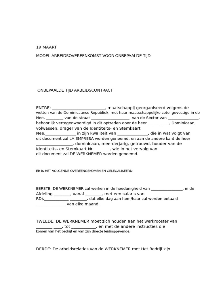 Model Arbeidsovereenkomst Voor Onbepaalde Tijd | PDF