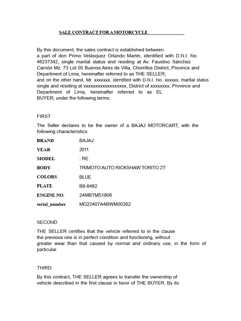 Motorcycle Sale Contract Template | PDF | Common Law | Justice
