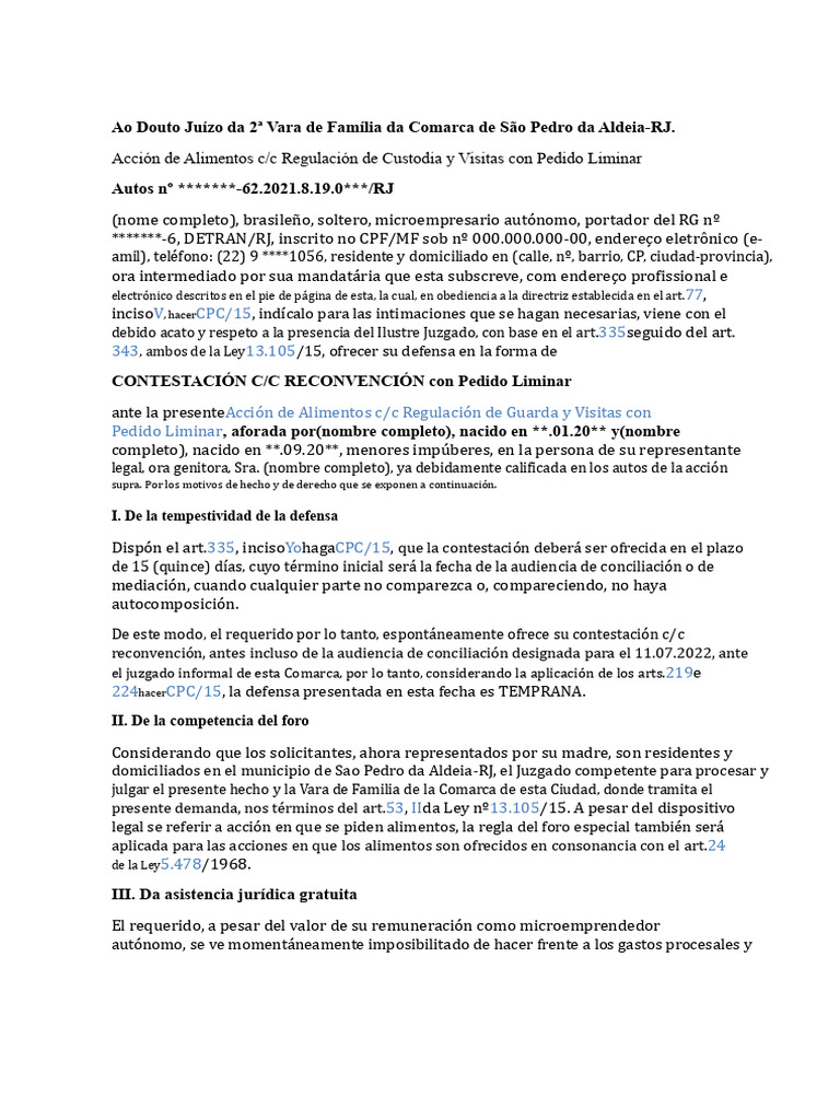 Modelo de Contestación Acumulada Con Reconvención Con Pedido Liminar ...