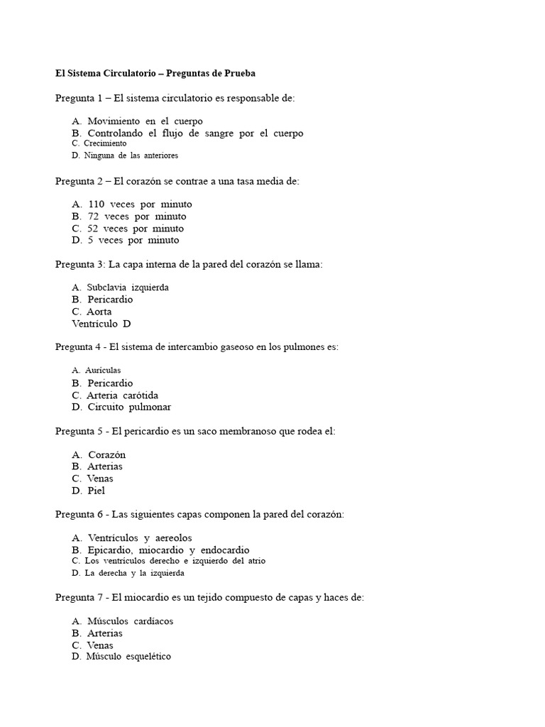 Preguntas sobre el Sistema Circulatorio | PDF | Corazón | Sistema ...