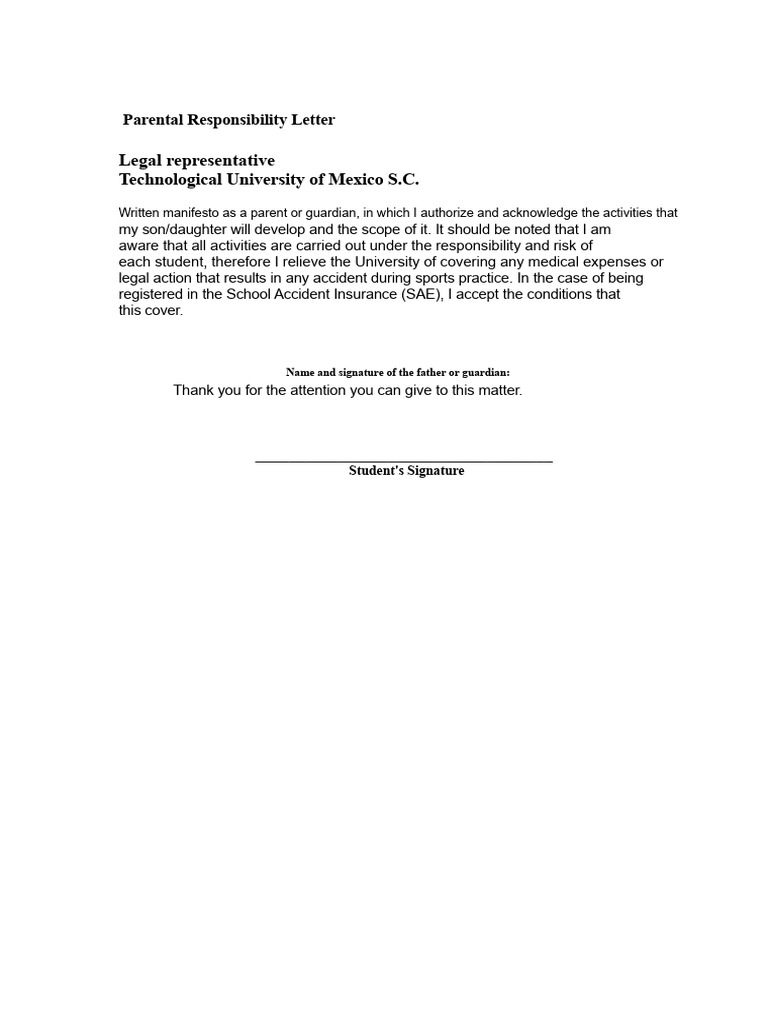 Responsibility Letter From Parents | PDF