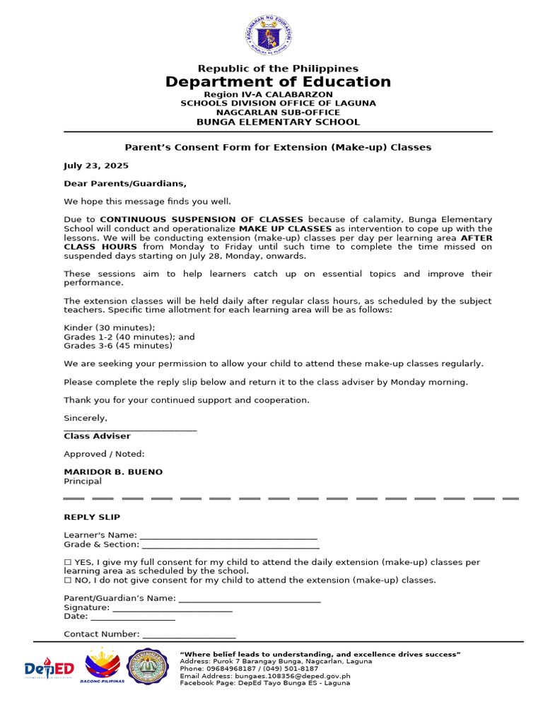 Parent's Consent English Extension Classes | PDF | Behavior Modification | Learning